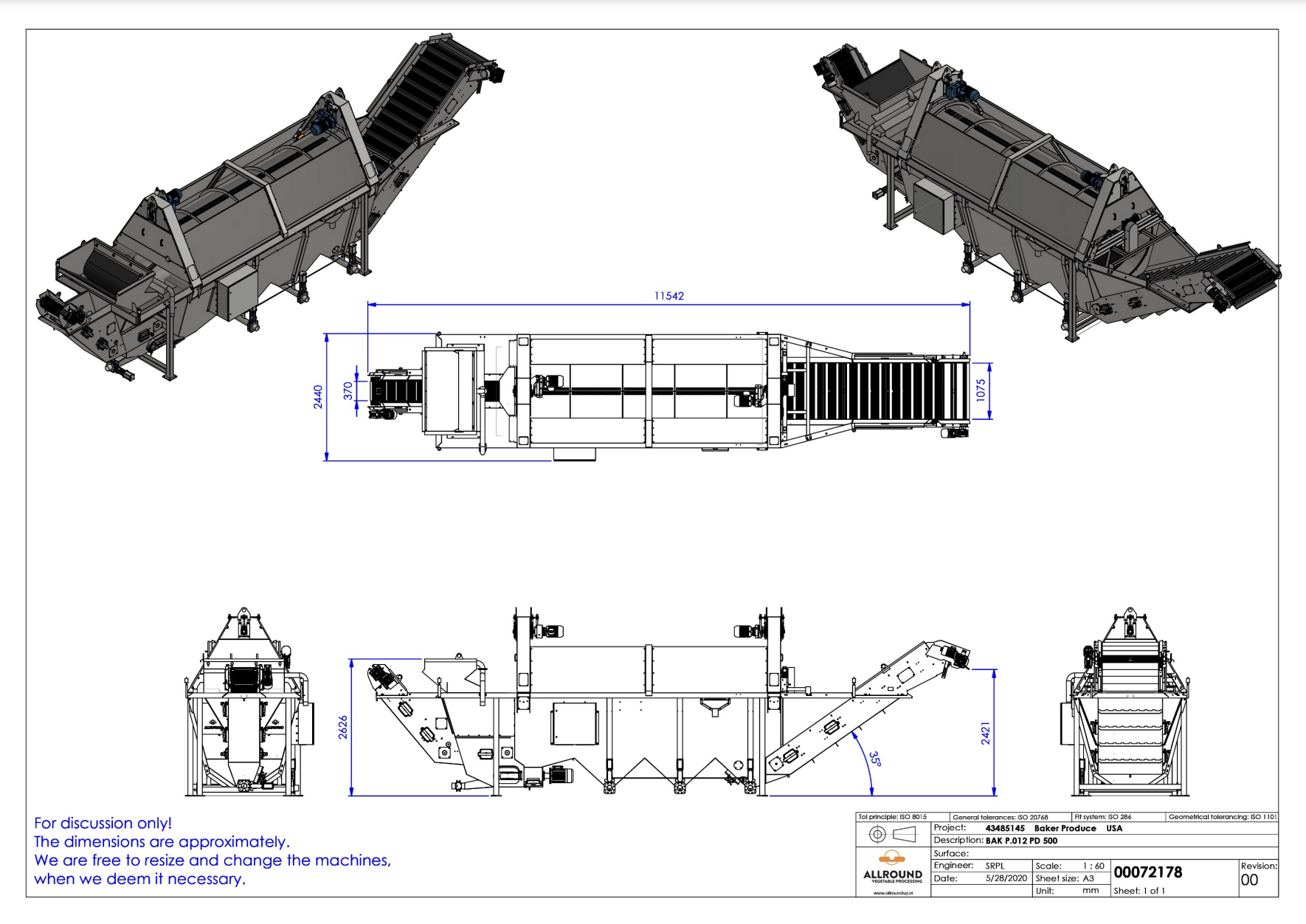Vegetable Washing Machine PD 500 Outline Drawing - dot B