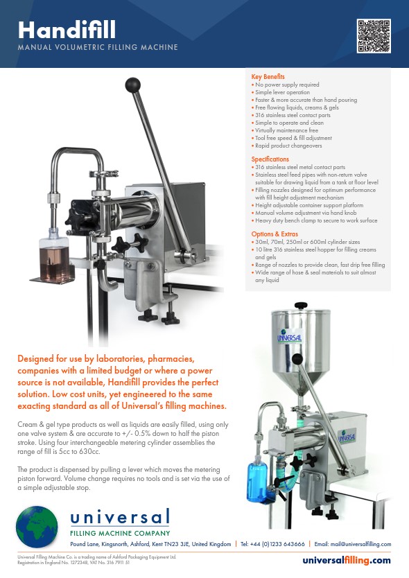 Handifill MANUAL VOLUMETRIC FILLING MACHINE Data Sheet - dot B