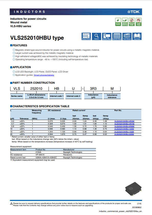 Power Inductor VLS Series - TDK Electronics Factories Inc. - dot B