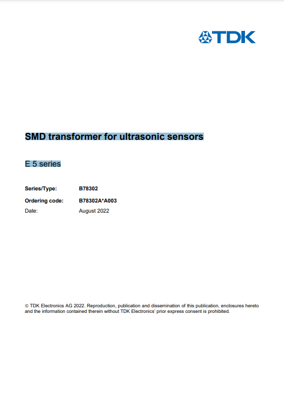 SMD transformer for ultrasonic sensors E5 Series Catalog - dot B