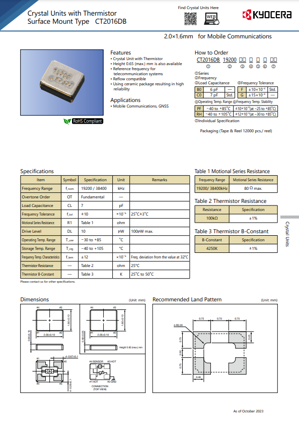 Crystal Units with Thermistor Surface Mount Type CT2016DB - dot B
